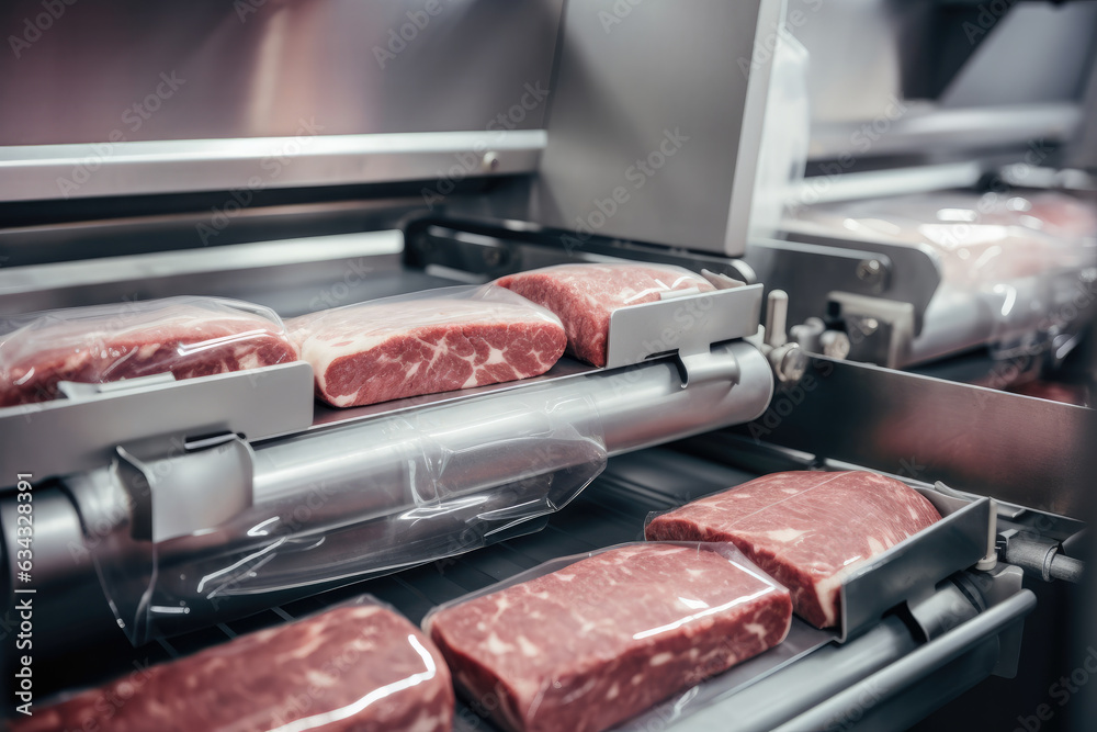 Zoomed-in perspective of vacuum packaging machine processing bulk meat ...