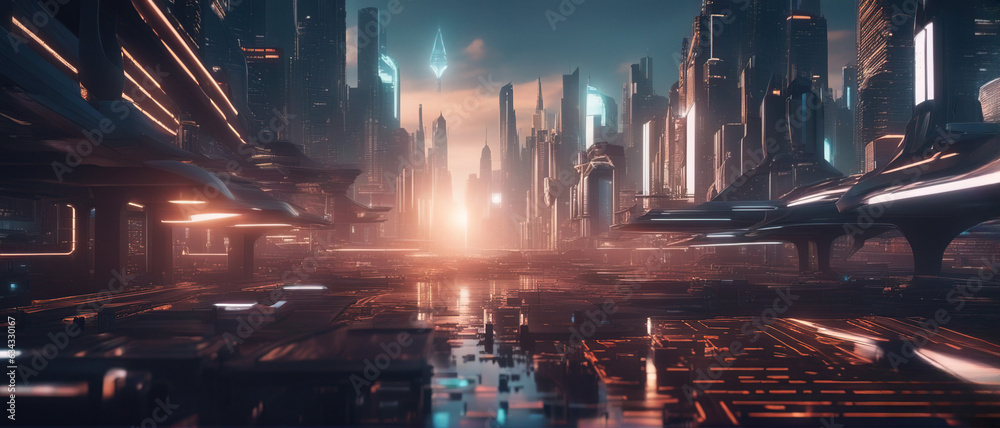 Cyberpunk neon city street at night reflecting in a wet road ...