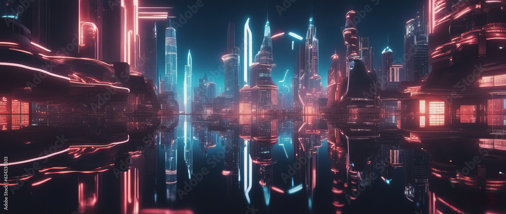 Cyberpunk neon city street at night reflecting in a wet road ...