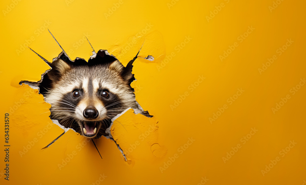 Racoon with shocked surprised expression peeking through hole in ...