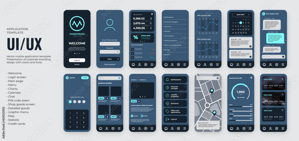 UI UX mobile app template with dark blue colors, include logo, log in ...