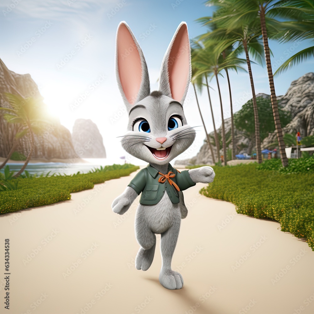 Cartoon character on the beach with beach equipment. Cute bunny on the ...