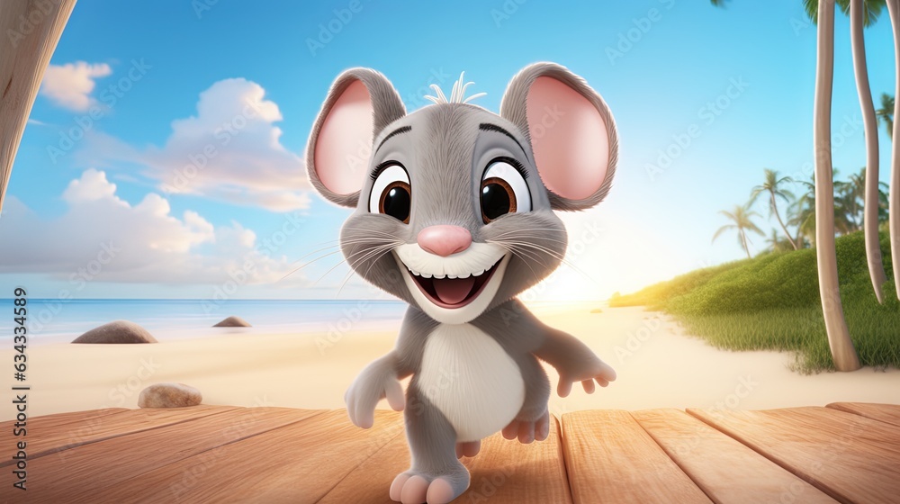 Cartoon character on the beach with beach equipment. Cute mouse on the ...