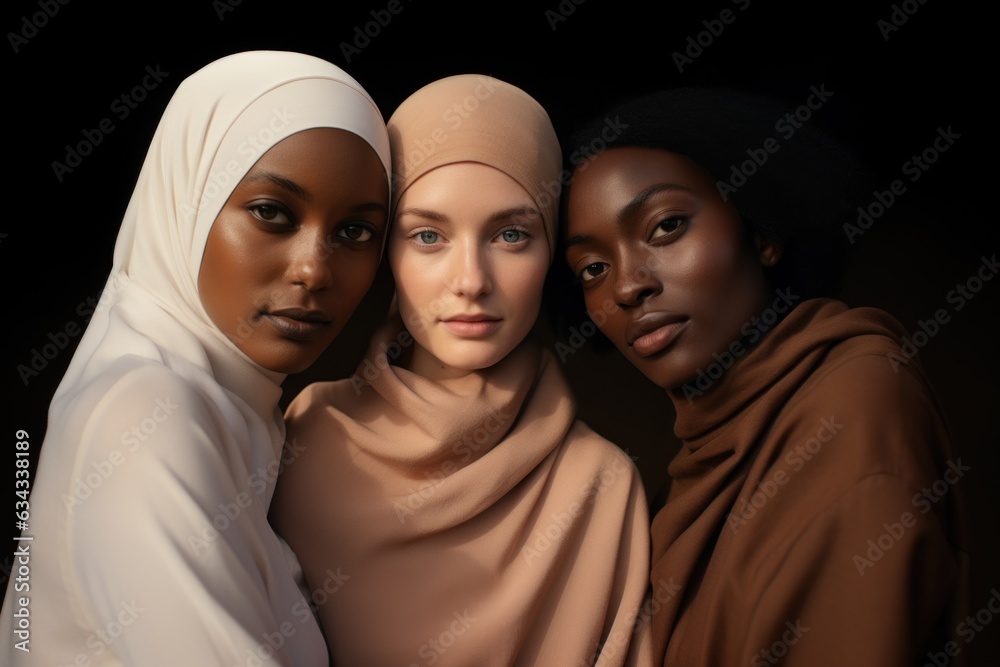 Three religious young women of different skin tones stand together ...