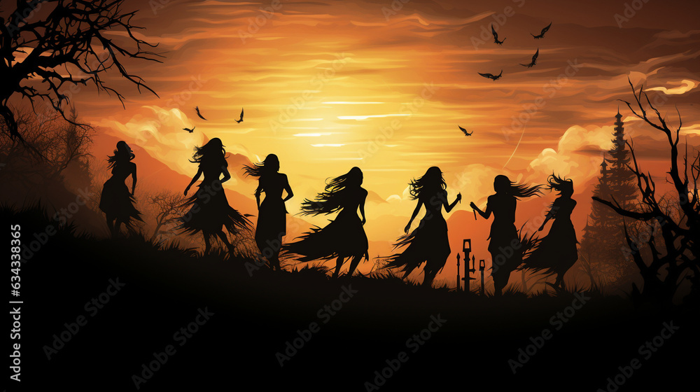 Wicked Witches: A group of witches on broomsticks flying across the ...