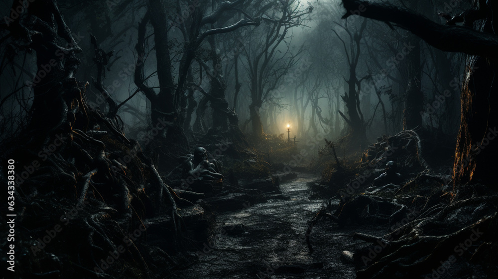 Haunted Forest: A dense, shadowy forest with twisted trees, lurking ...