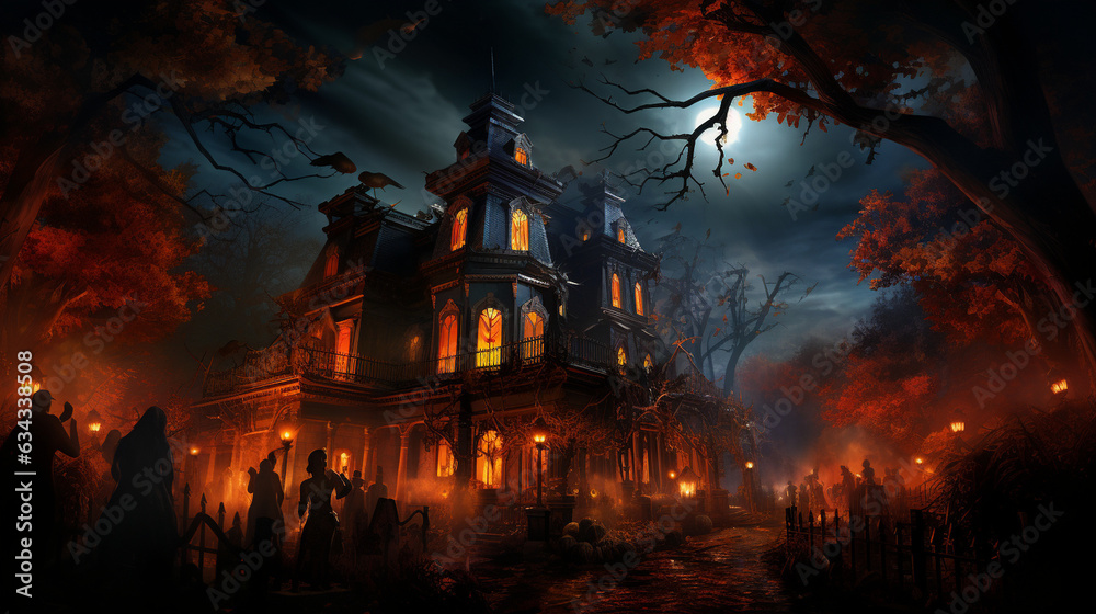 Haunted House Party: A grand Halloween party at a haunted mansion, with ...