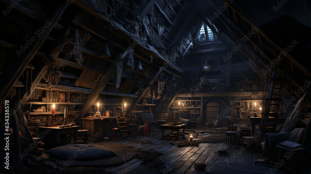 Haunted Attic: A dimly lit attic filled with dusty furniture, cobwebs ... Haunted Attic: A dimly lit attic filled with dusty furniture, cobwebs ...