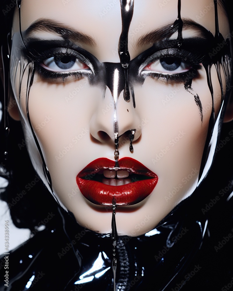A gothic woman with a fashionably painted face of black lipstick ...