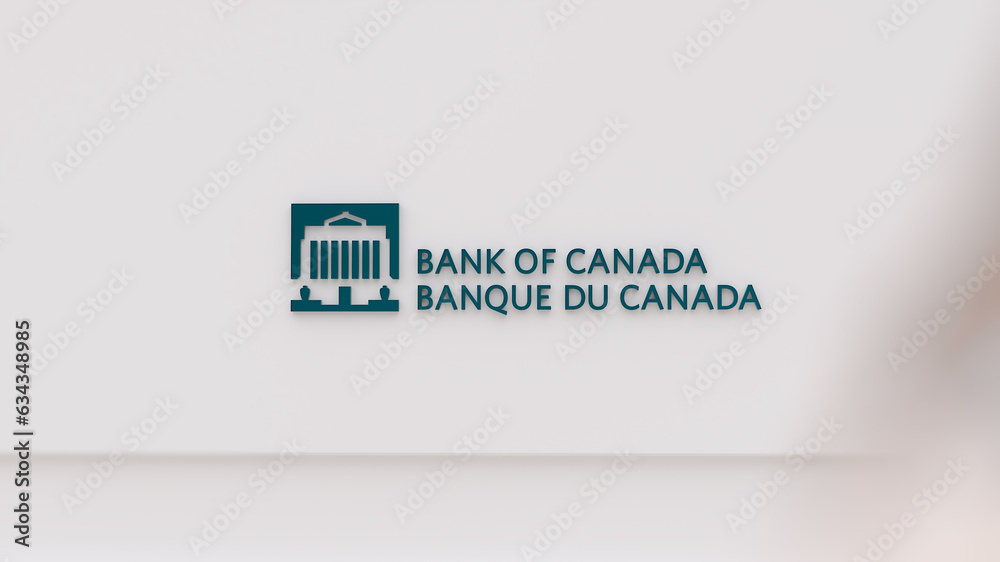 August 9th 2023. The logo of Bank of Canada on a white wall, a blurry ...