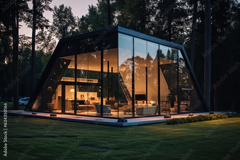 Framed by a lush green park with a vibrant playground, a towering glass ...
