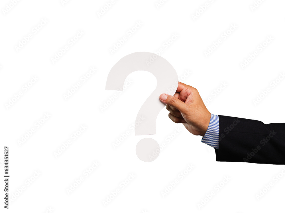 Hand holding a white question mark symbol against a transparent ...