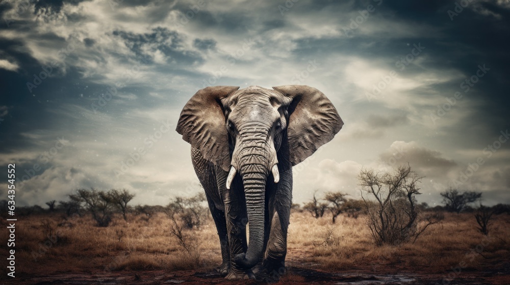 African elephant bull with long ivory tusks walking down dry savannah ...