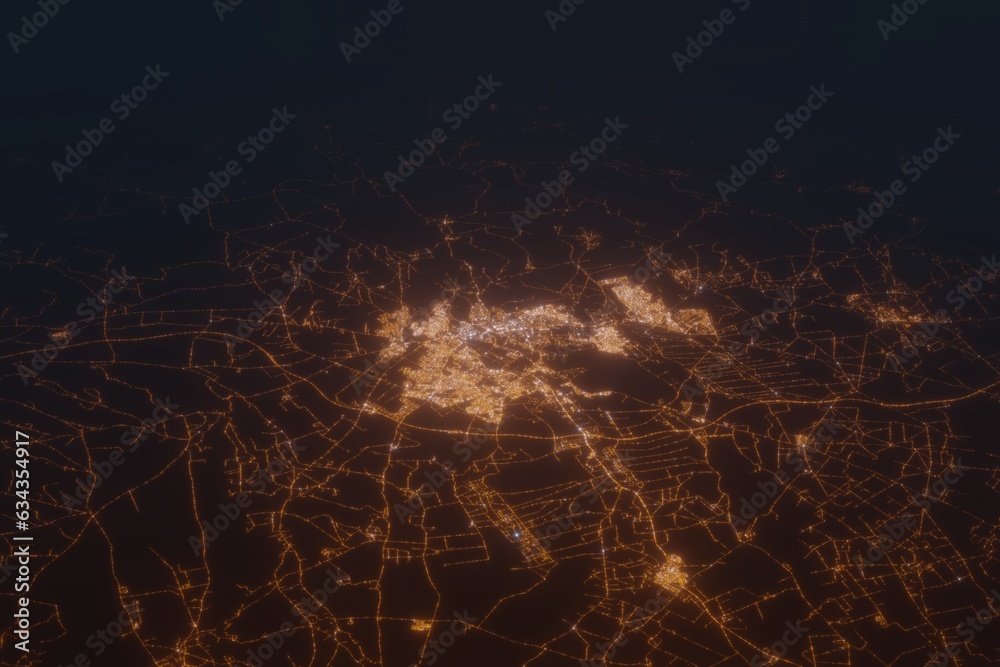 Aerial shot of Meknes (Morocco) at night, view from south. Imitation of ...