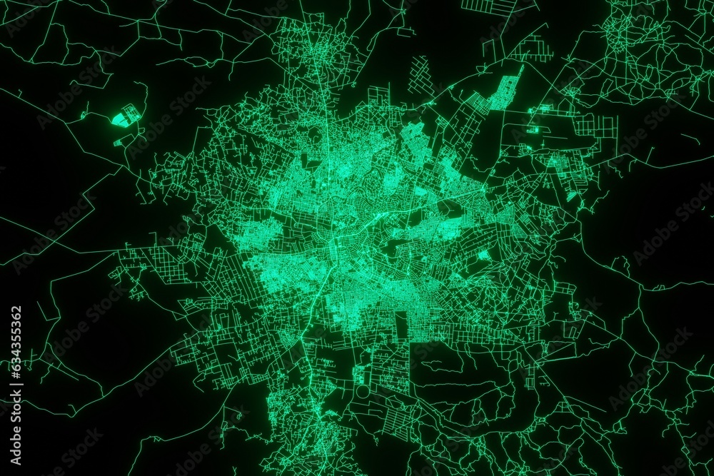 Map of the streets of Lusaka (Zambia) made with green illumination and ...