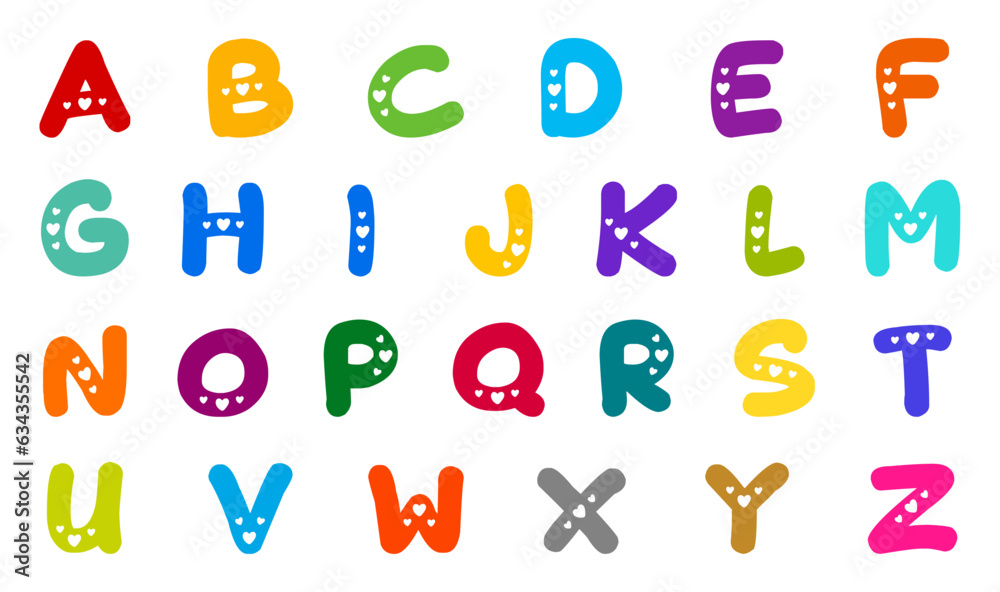 Cute heart alphabet for kids' education. Hand drawn style alphabet ...