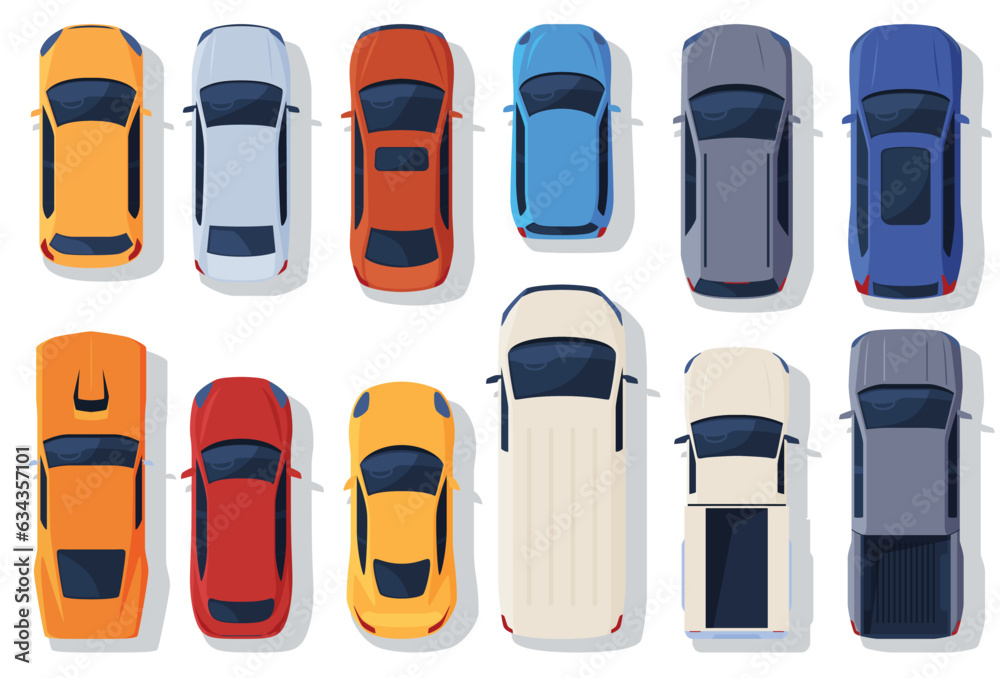 Car top view. Various types and colors of cars. Road traffic, means of ...