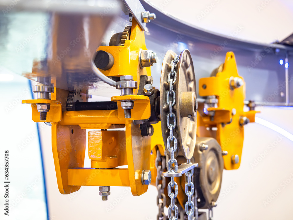 Suspended rail trolley mechanism for moving goods. Rails with machine ...