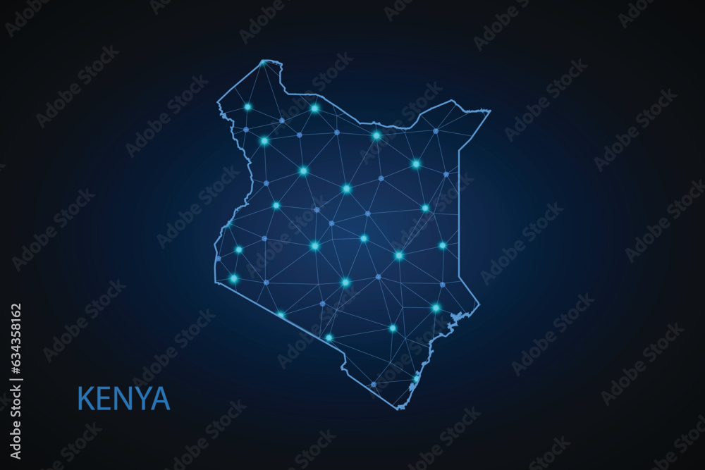 Map of Kenya. Wire frame 3D mesh polygonal network line, design sphere ...