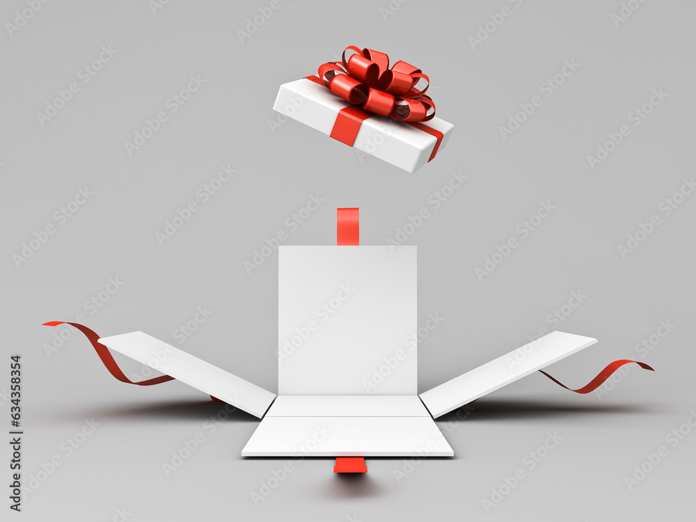 Open white present box or opened gift box with red ribbons and bow ...