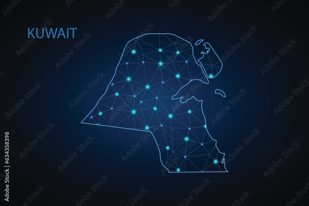 Map of Kuwait. Wire frame 3D mesh polygonal network line, design sphere ...