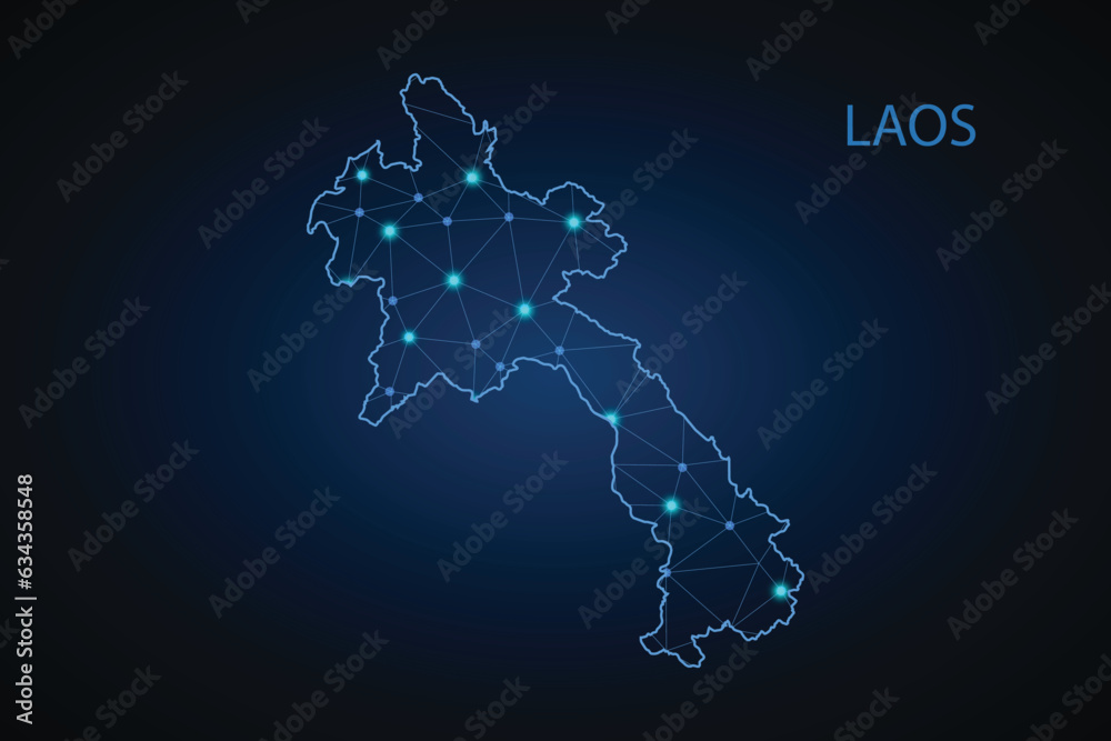 Map of Laos. Wire frame 3D mesh polygonal network line, design sphere, dot and structure ...
