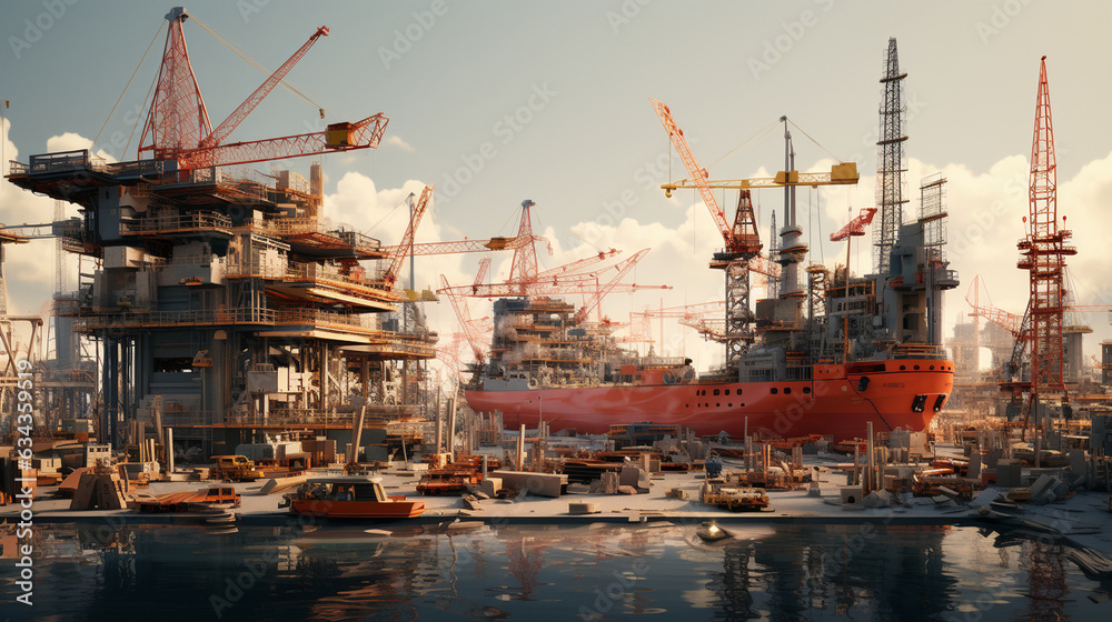 Shipbuilding: A shipyard with ships in various stages of construction ...