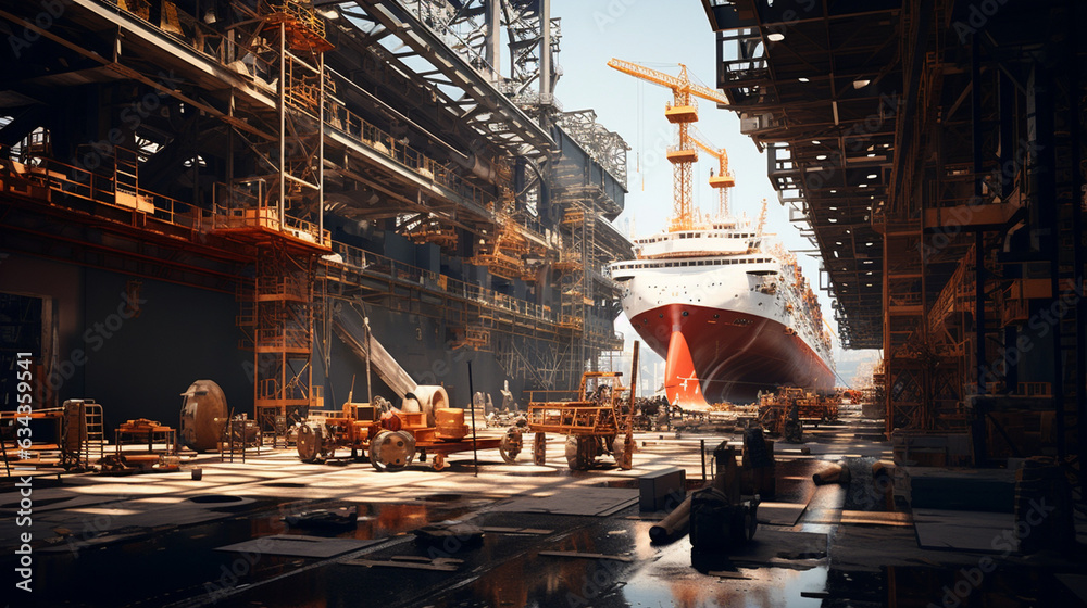 Shipbuilding: A shipyard with ships in various stages of construction ...