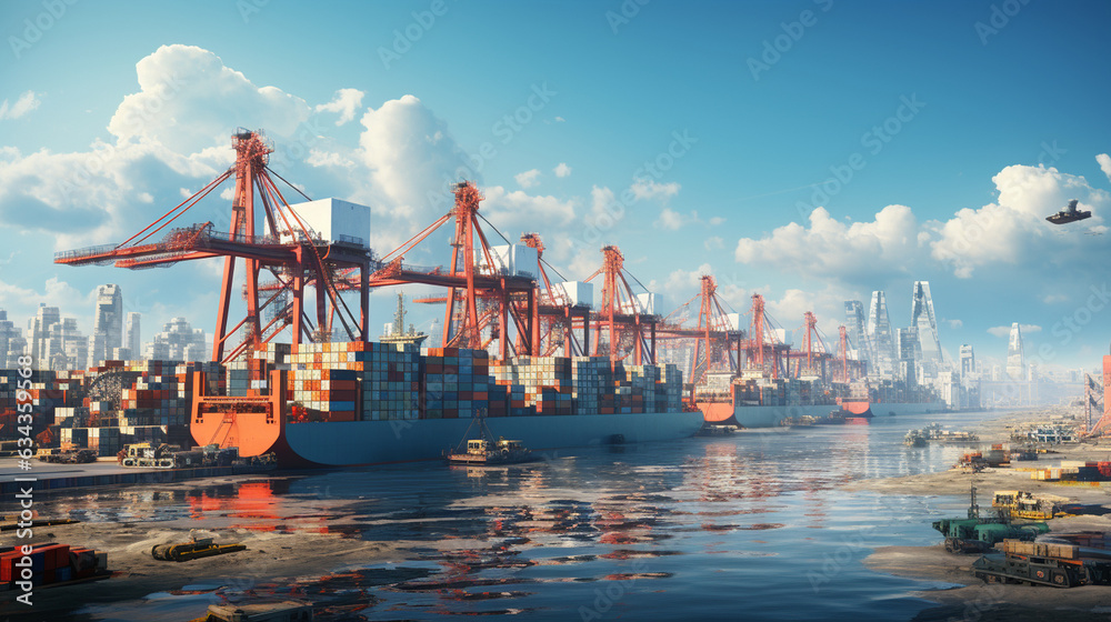 Container Terminal: A sprawling container terminal with massive cranes ...