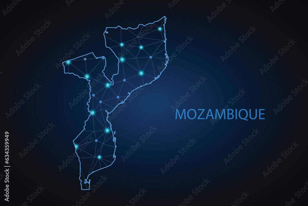 Vetor de Map of Mozambique. Wire frame 3D mesh polygonal network line, design sphere, dot and ...