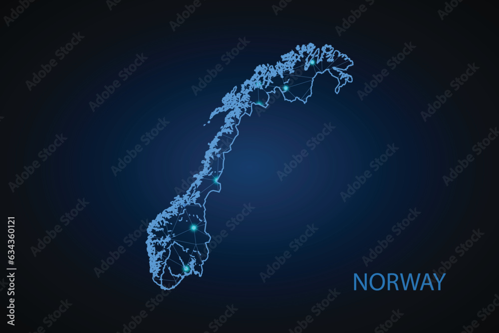 Map of Norway. Wire frame 3D mesh polygonal network line, design sphere ...