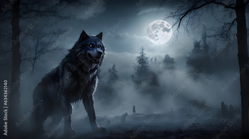 Eerie Halloween werewolf celebration under the full moon. Realism meets ...