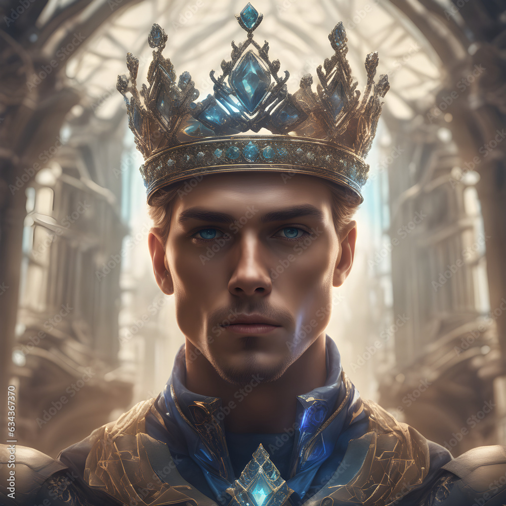 Retrato de un rey con corona y joyas de diamantes en su palacio, reino ...