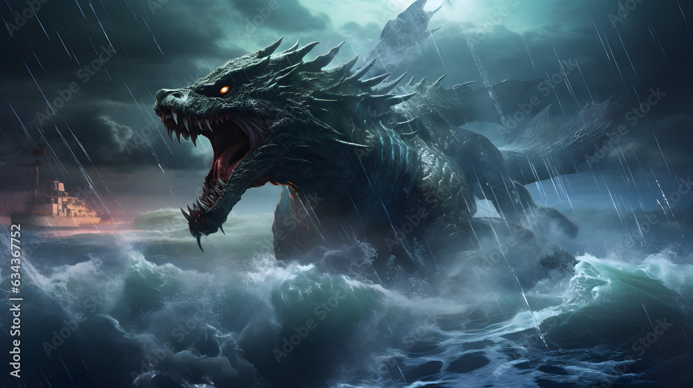 Intense kaiju like lizard monster in a violent ocean storm with thunder ...