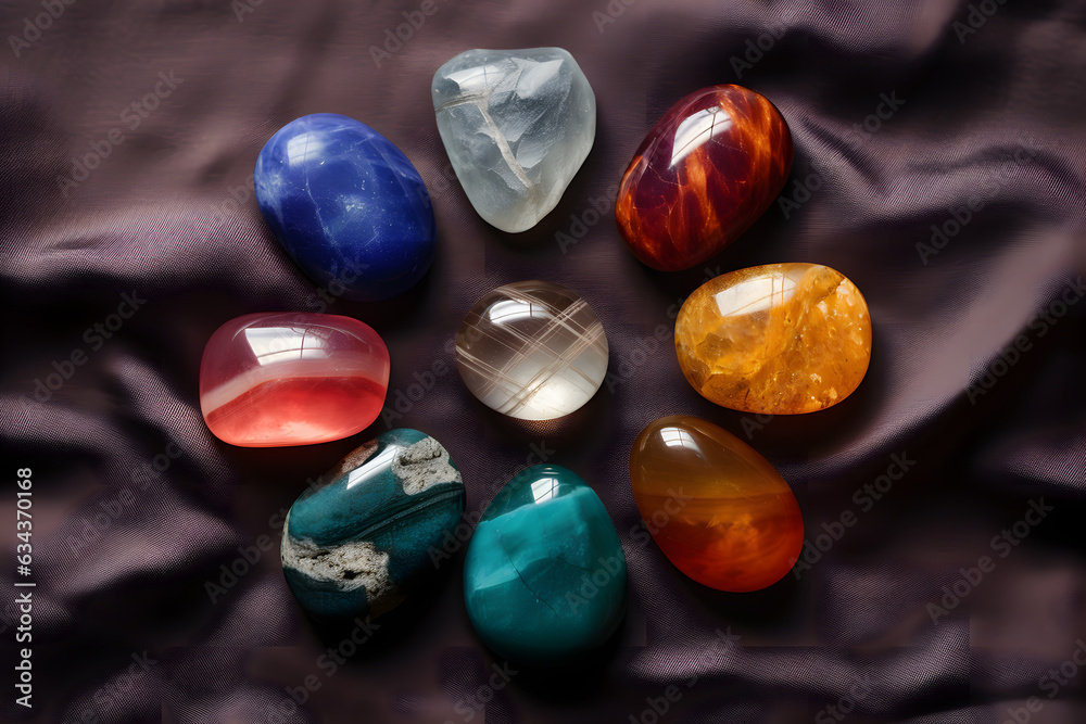 Seven chakra stones placed on a fabric with the corresponding chakra ...