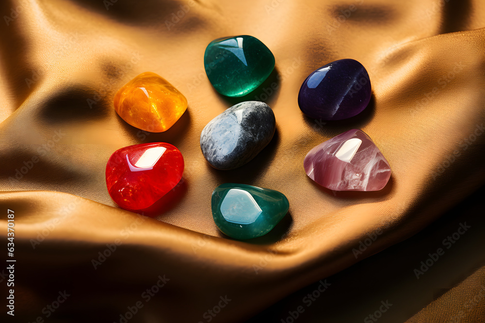 Seven chakra stones placed on a fabric with the corresponding chakra ...