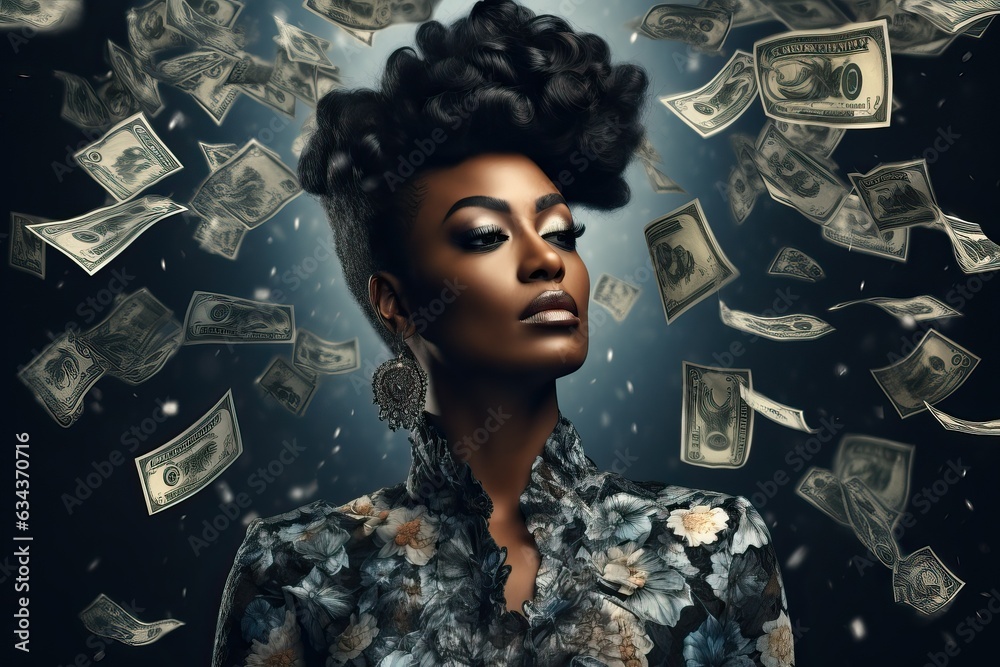 Successful luxury, chic, rich black African American woman with flying ...