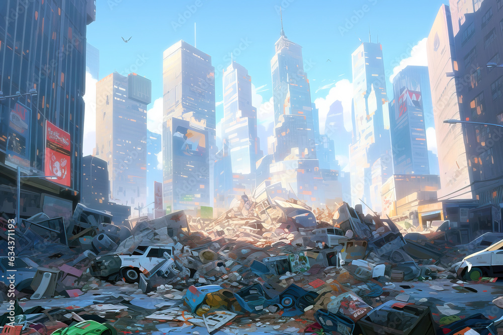 Massive pile of garbage contrasting with beautiful skyscrapers of a ...