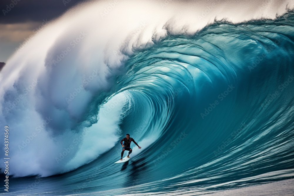 Surfer fearlessly rides a colossal blue wave, capturing a thrilling ...