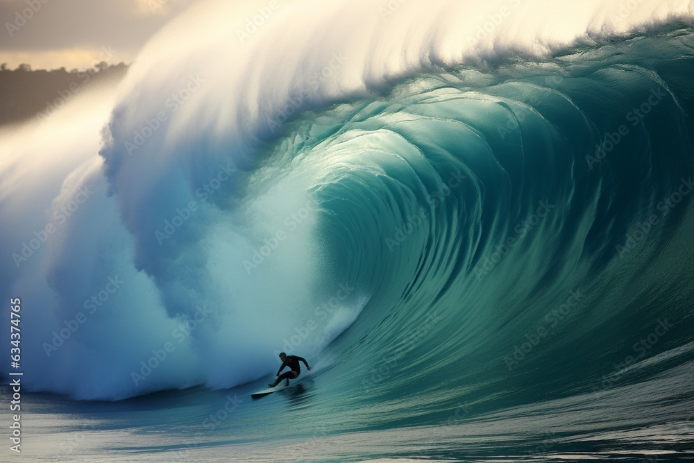 Surfer fearlessly rides a colossal blue wave, capturing a thrilling ...