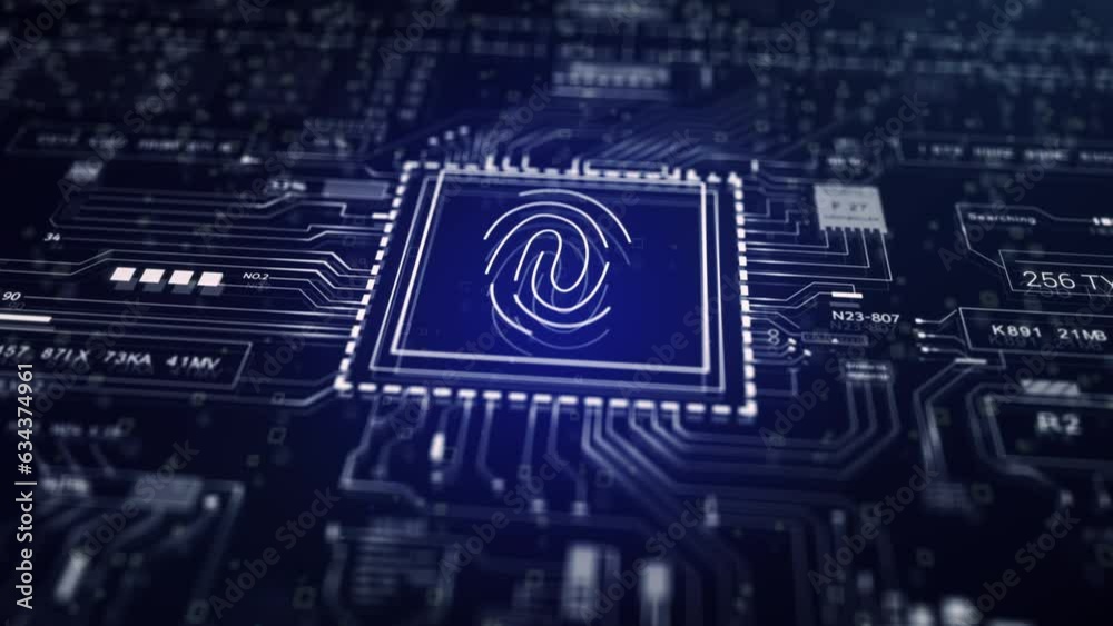Fingerprint scanner. Motherboard circuit AI.Artificial intelligence ...