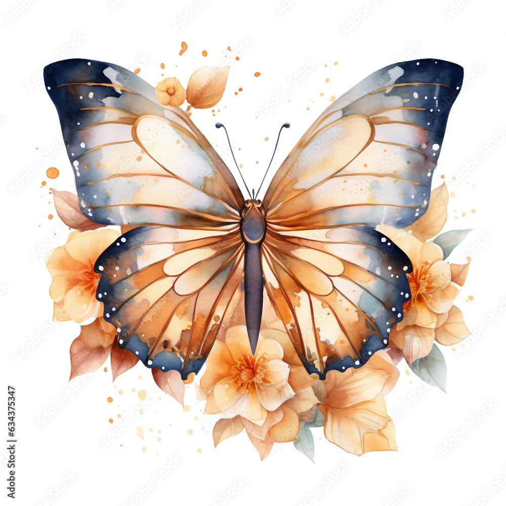 Butterfly with Flowers Watercolor Clip Art, Watercolor Illustration ...