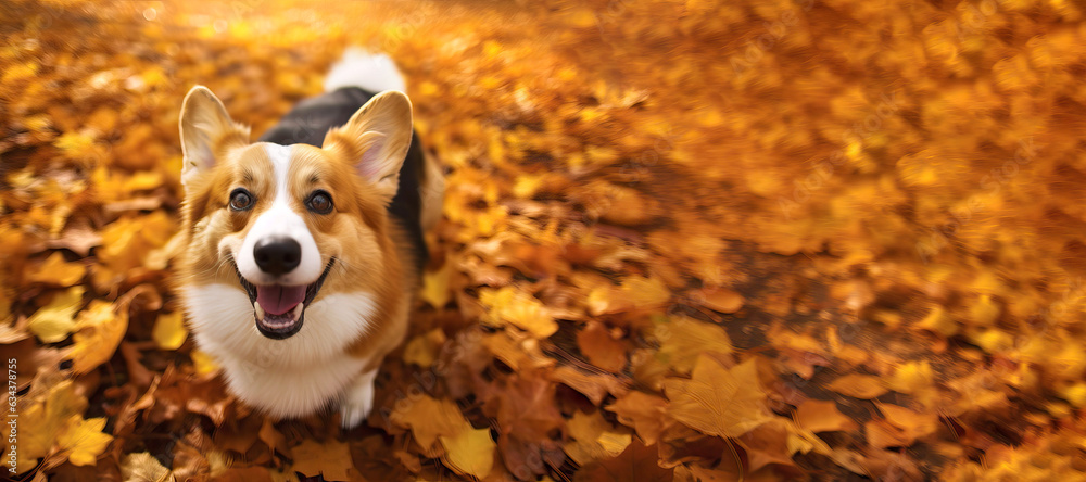Happy Corgi dog on Autumn nature background, wide web banner. Autumn ...