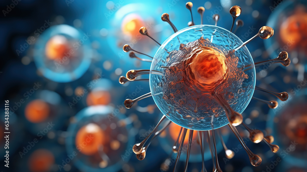 Viruses cells magnified in 3D show a menacing sight. The spherical ...