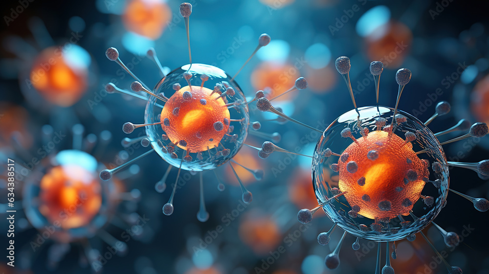 Viruses cells magnified in 3D show a menacing sight. The spherical ...