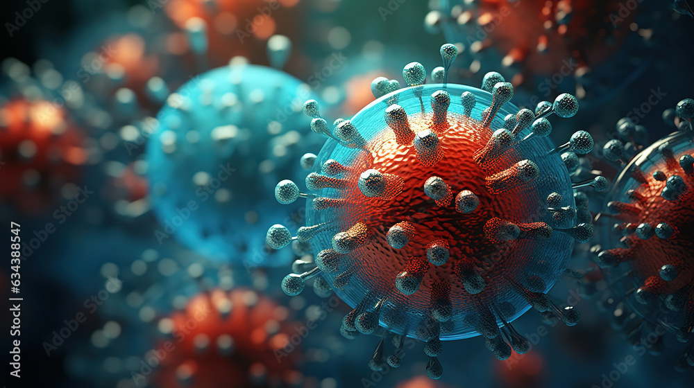 Viruses cells magnified in 3D show a menacing sight. The spherical ...