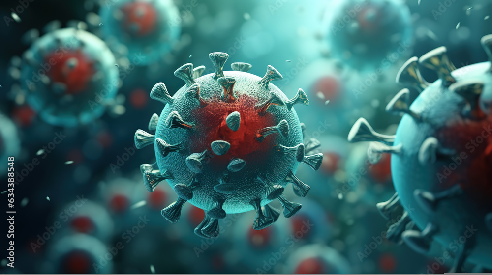 Viruses cells magnified in 3D show a menacing sight. The spherical ...