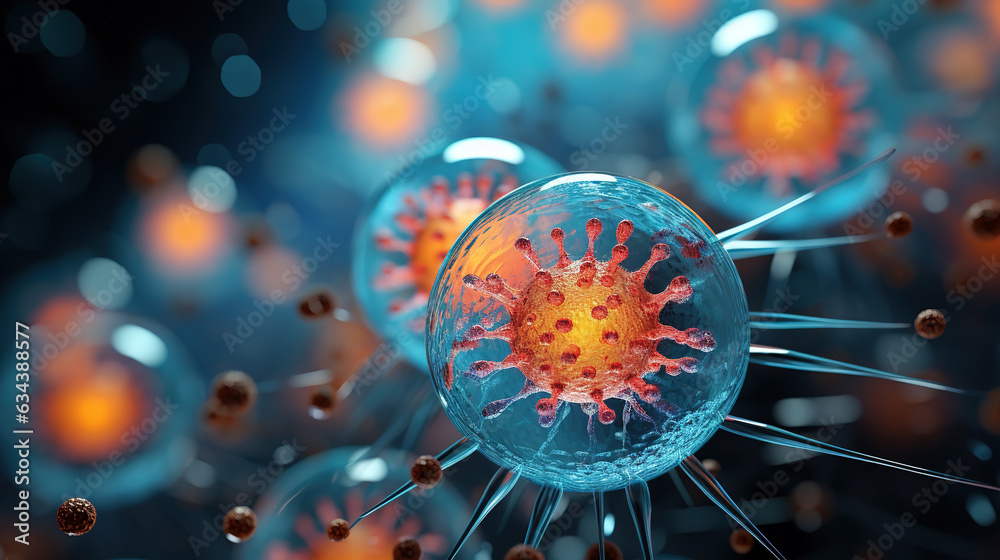 Viruses cells magnified in 3D show a menacing sight. The spherical ...