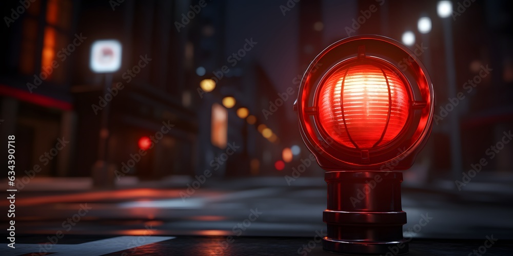 warning lamp in the street at night. Red alert lamp or warning ...