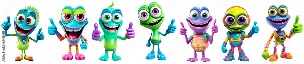 Set happy cute aliens dancing and waving 3D render character cartoon ...